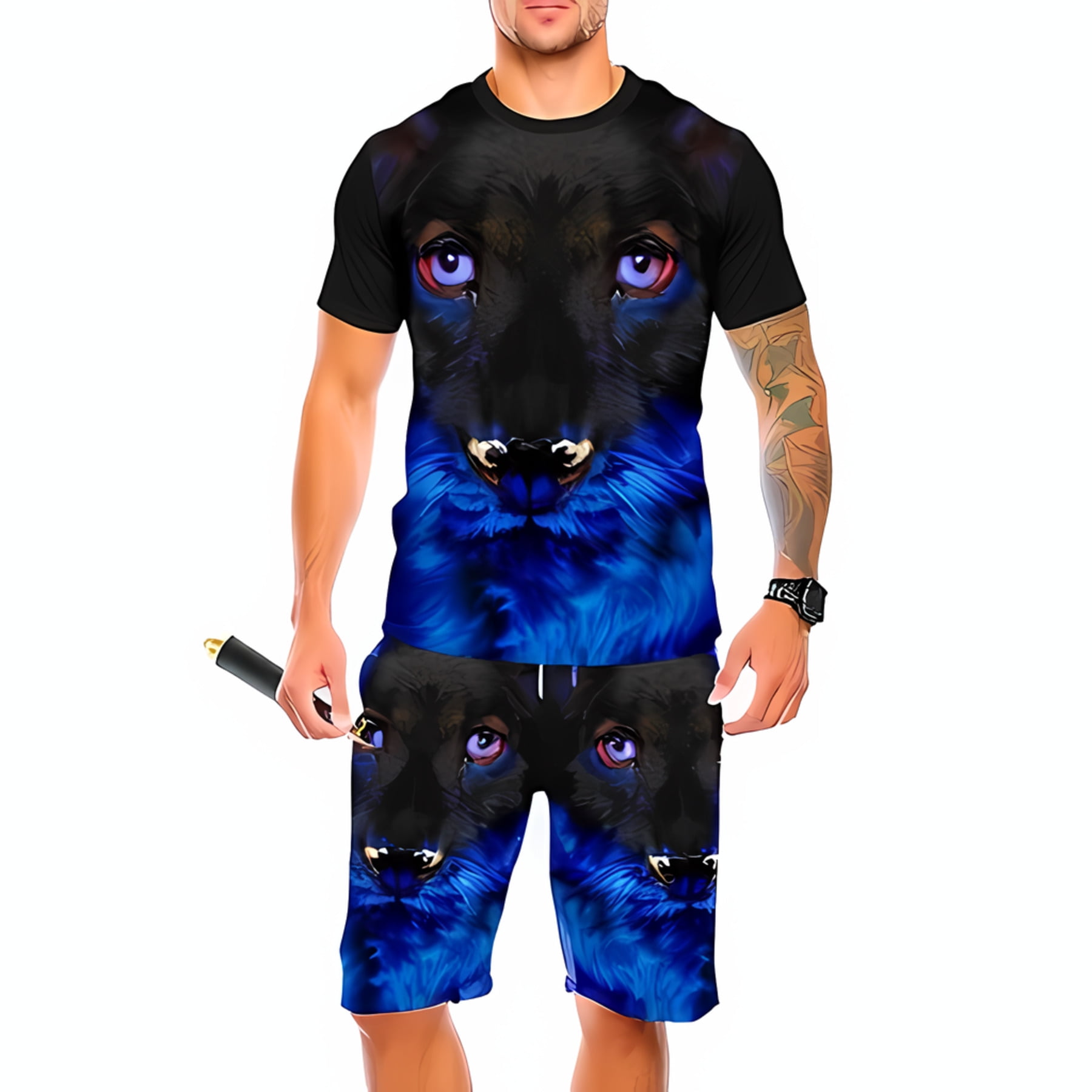 Bold Face Print T-Shirt and Shorts Set - Edgy Summer Outfit with Blue ...