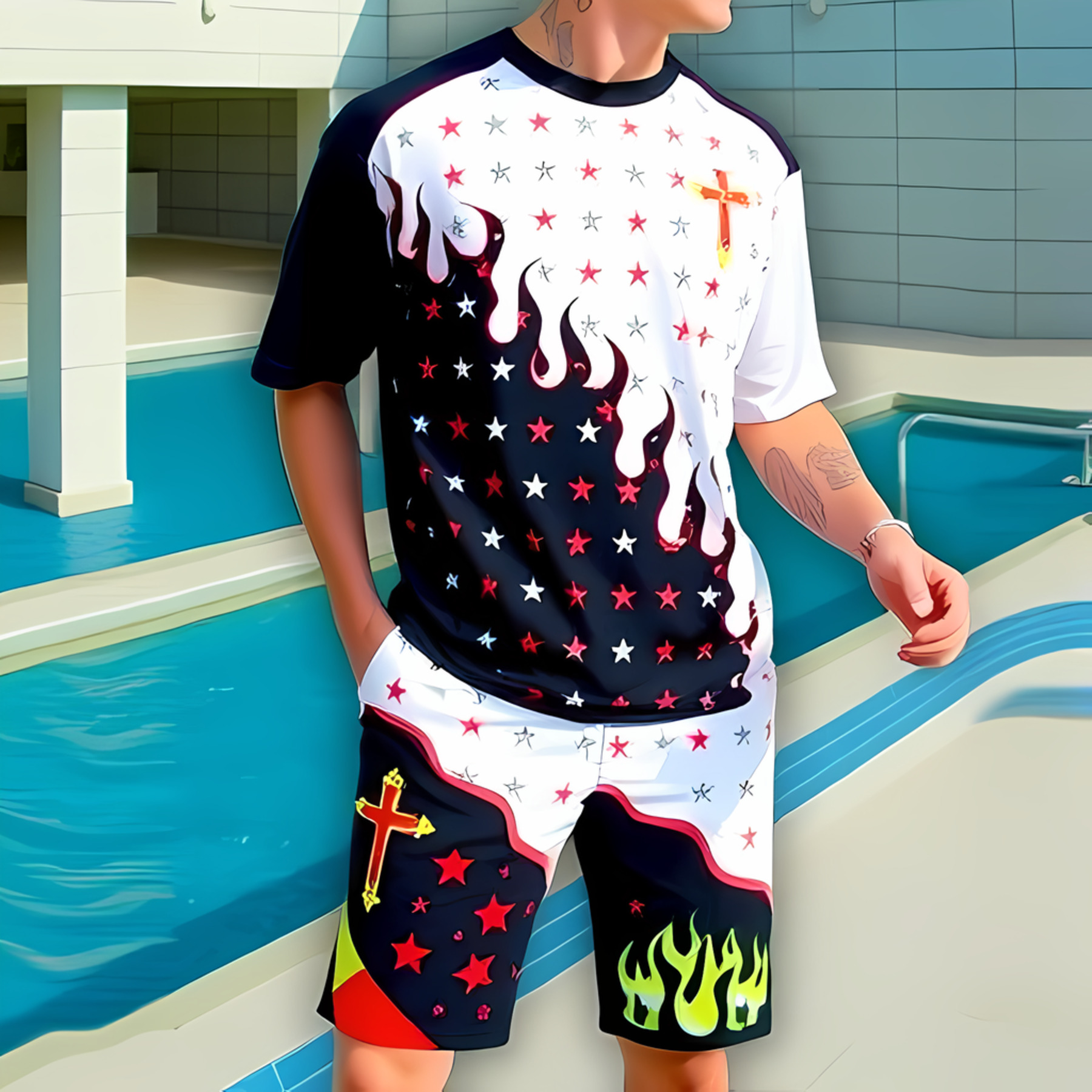 Bold Flame and Star Pattern T-Shirt and Shorts Set - Black to White ...