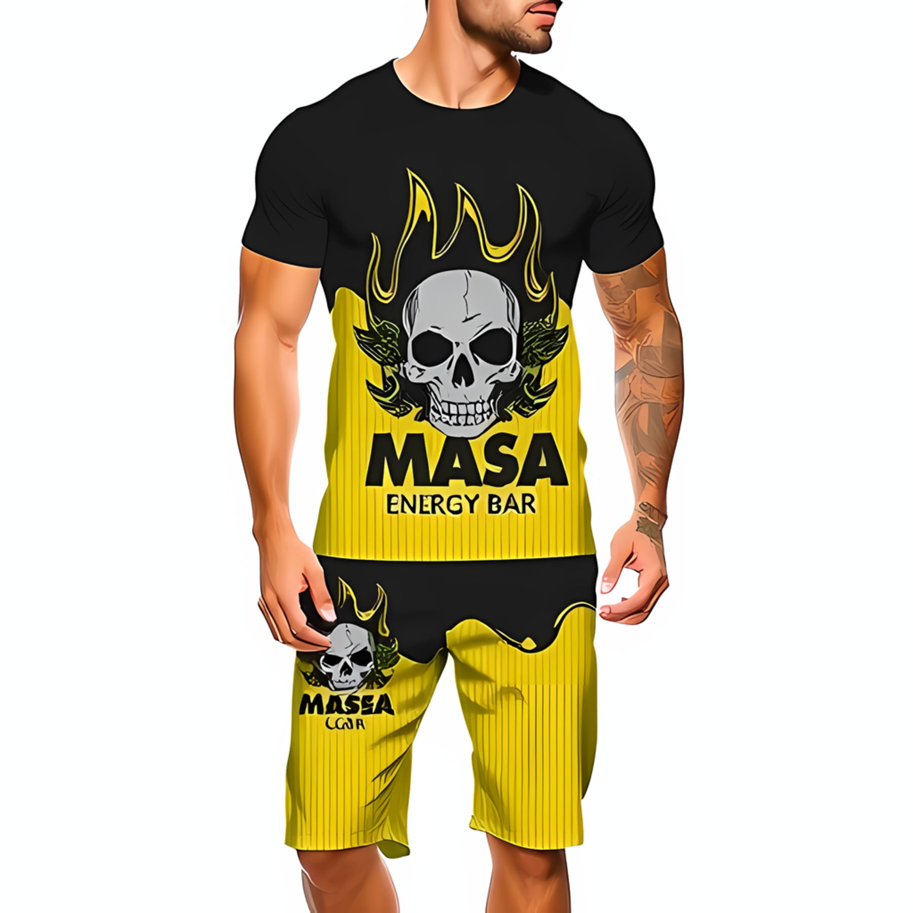 Bold Flames Graphic Athletic T-Shirt & Shorts Set - Black & Yellow ...