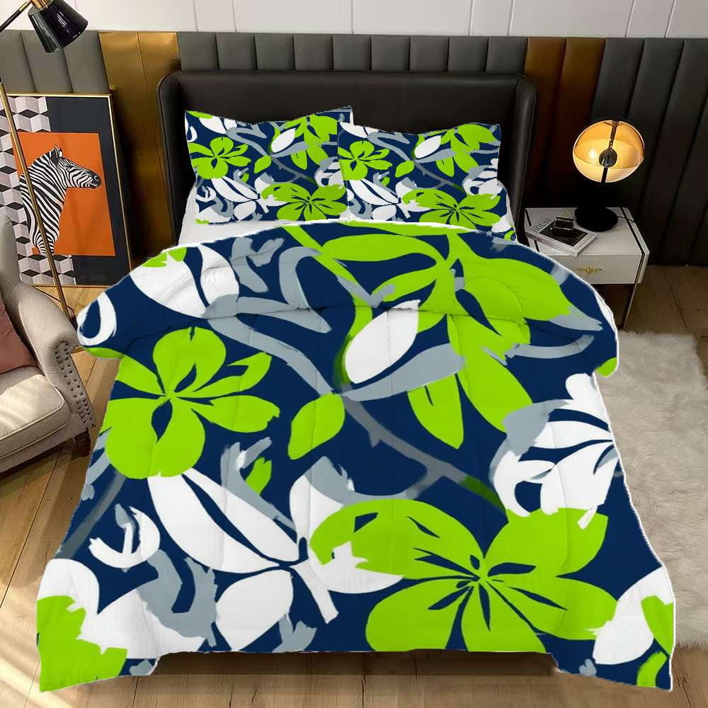 Bold Floral Lime Green Navy White Comforter Set King Size Bedding Set ...