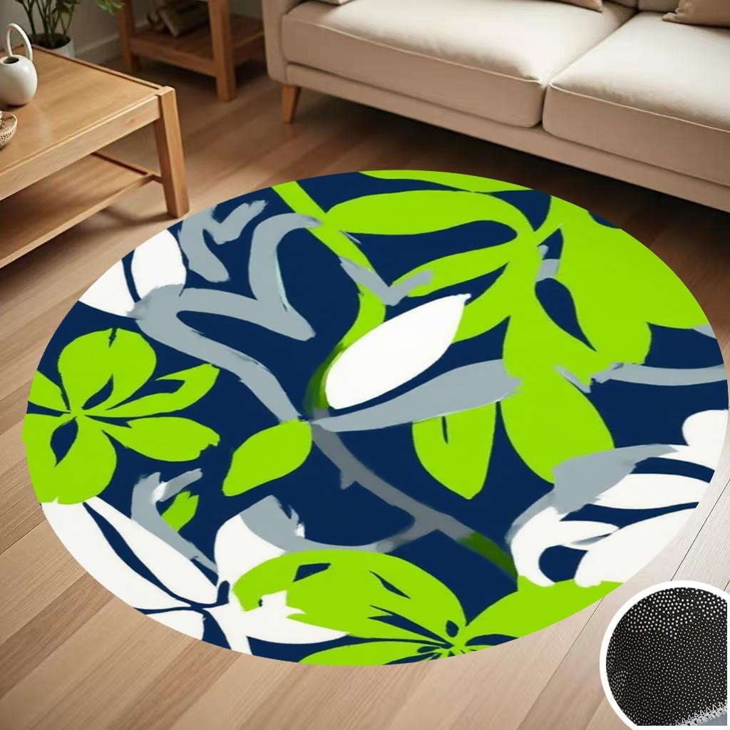 Bold Floral Lime Green Navy White Round Carpet Living Room Bedroom Home ...