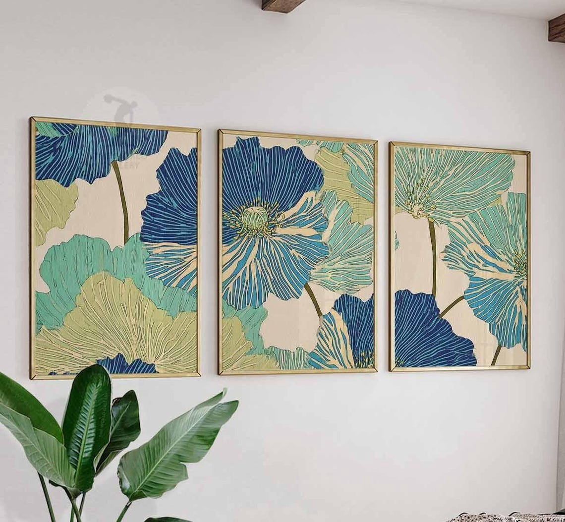 Bold Floral Modern Botanical Blue Green Flower Living Room Decor Art ...