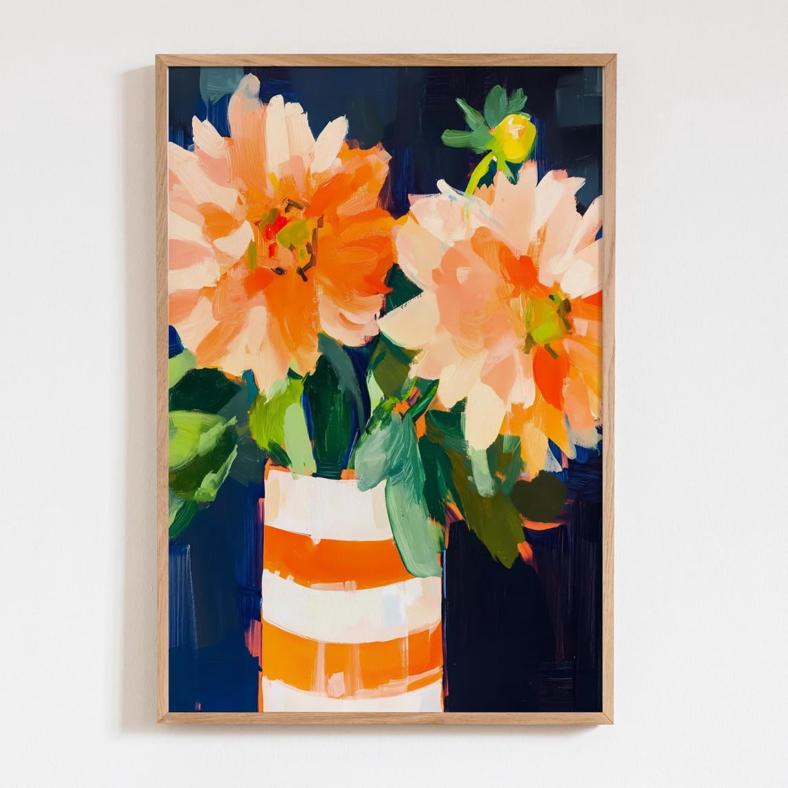 Bold Floral Peach Dahlia Striped Vase Pink Blue Unframed Paper Print ...