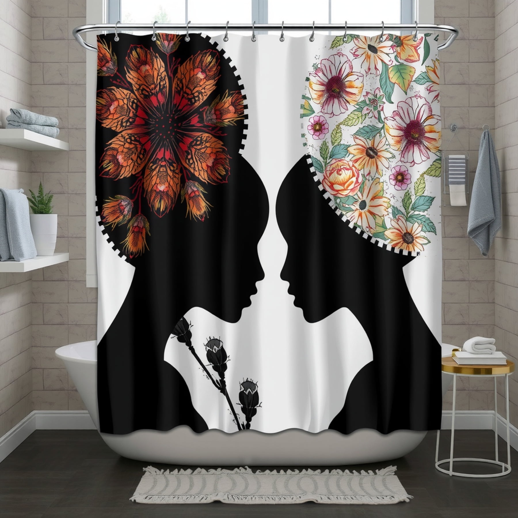 Bold Floral Shower Curtain - Black Women with Vibrant Patterns ...