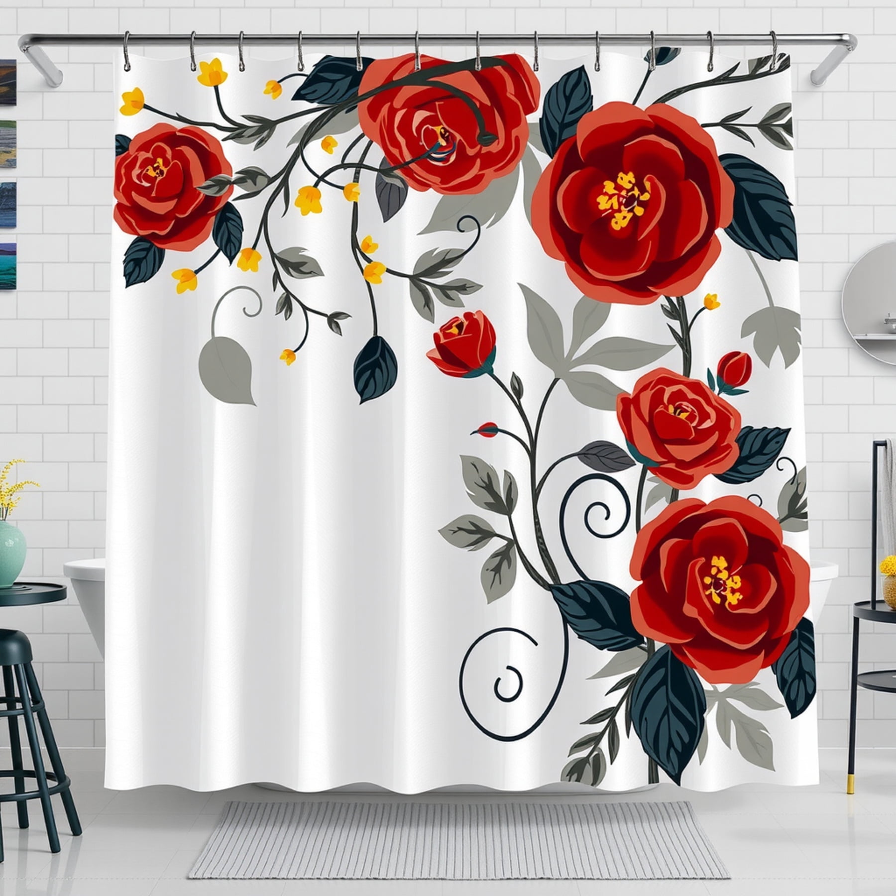 Bold Floral Shower Curtain with Red Roses & Green Vines - Elegant ...
