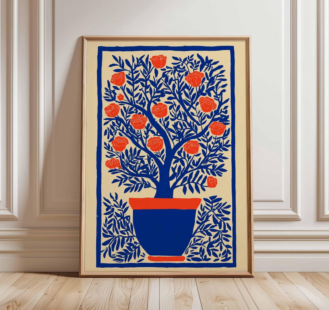 Bold Floral Wall Art Modern Botanical Poster Vibrant Blue Orange Art ...