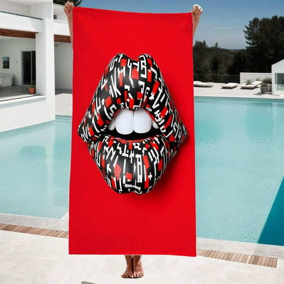 Bold Geometric Pattern Beach Towel - Vibrant Red & Black Design Perfect ...