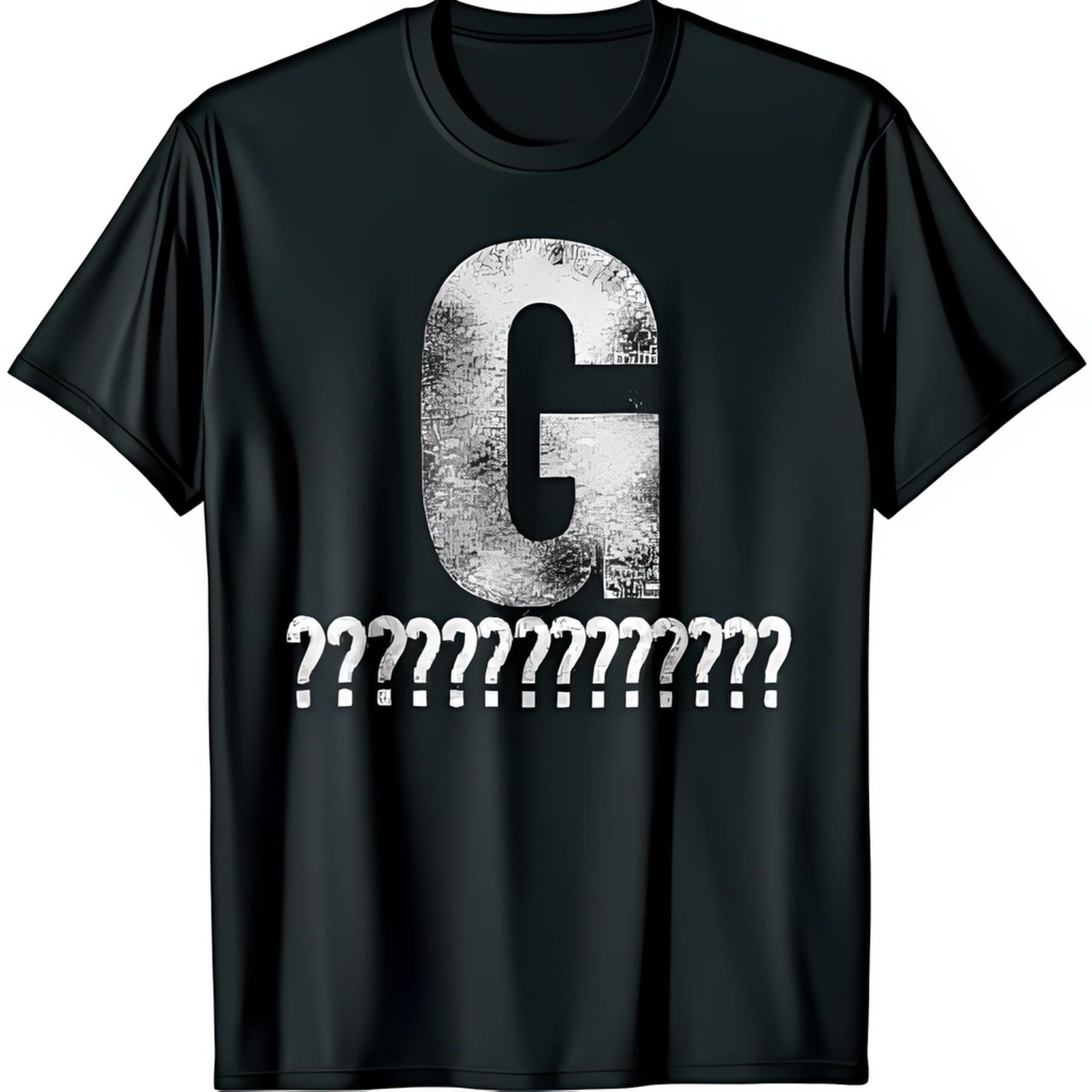 Bold Glittery Silver Letter G T-Shirt on Black Background with Question ...