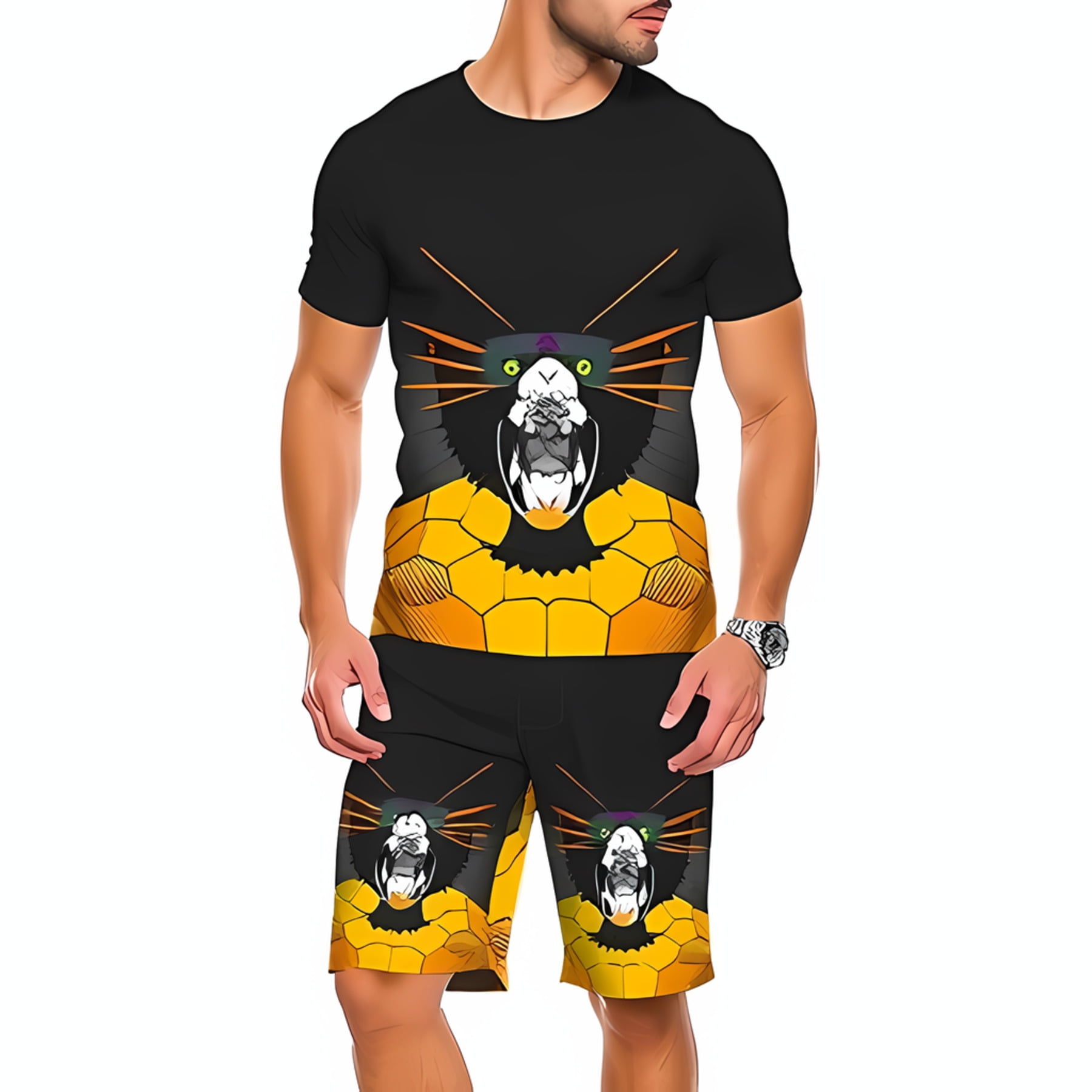 Bold Graphic Animal Head T-Shirt and Shorts Set - Fierce Feline Design ...