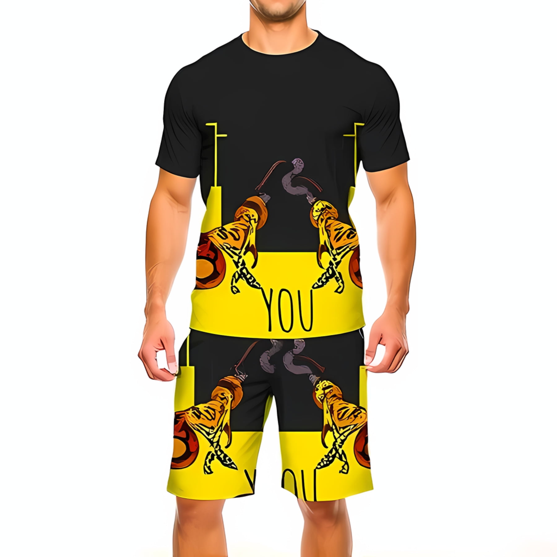 Bold Graphic Athletic T-Shirt and Shorts Set - Black with Yellow 'YOU ...