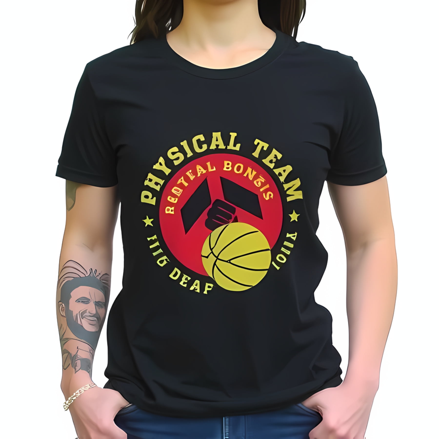 Bold Graphic Basketball T-Shirt for Women - " PHYSICAL TEAM " Design with Hands & Intriguing ...