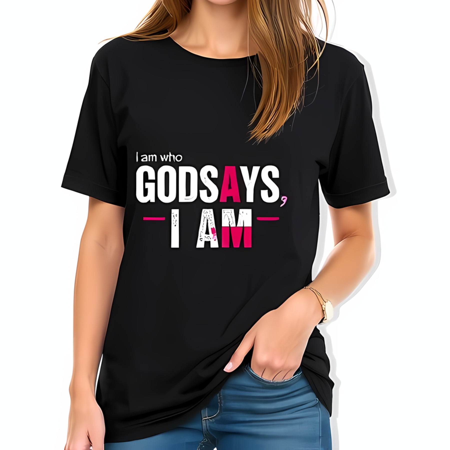 Bold Graphic Black Cotton T-Shirt - " GODSAYS I AM " with Vibrant Pink ...