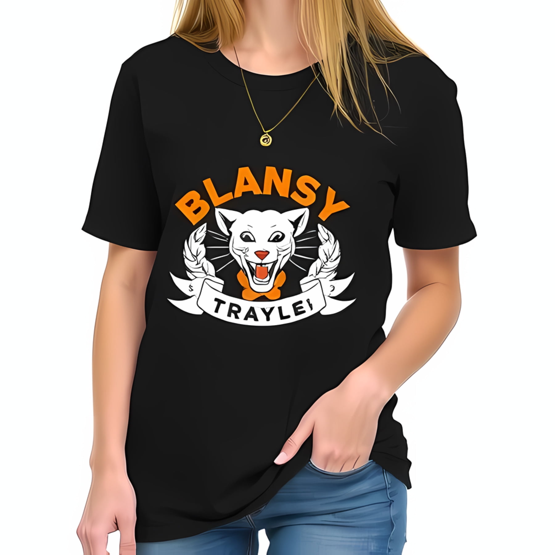 Bold Graphic Black Cotton T-Shirt with Snarling White Feline Face ...