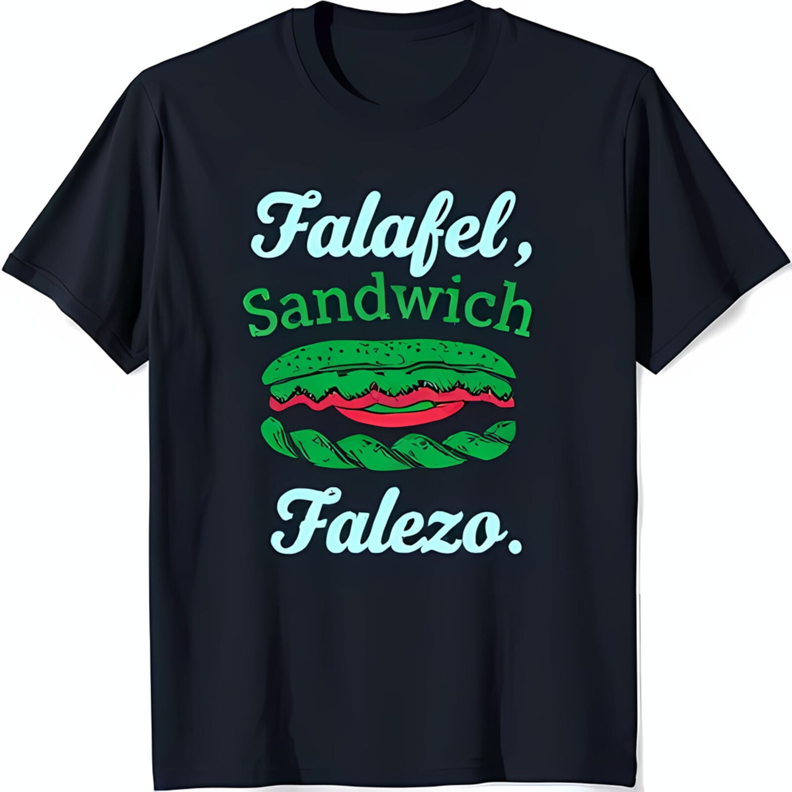 Bold Graphic Black T-Shirt 'Falafel Sandwich Falezo' Design in Vibrant ...