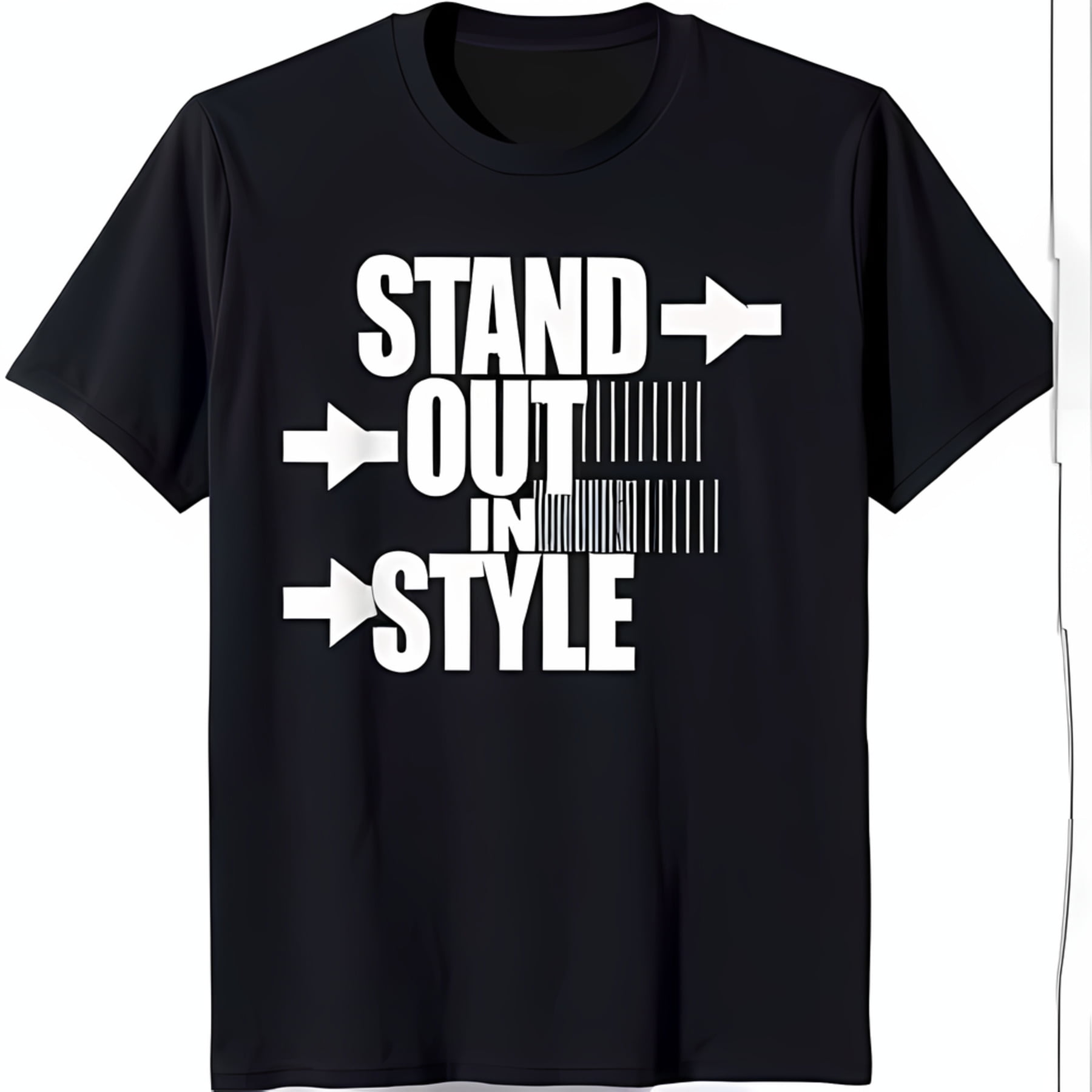 Bold Graphic Black T-Shirt 'STAND OUT IN STYLE' with Directional Arrows ...