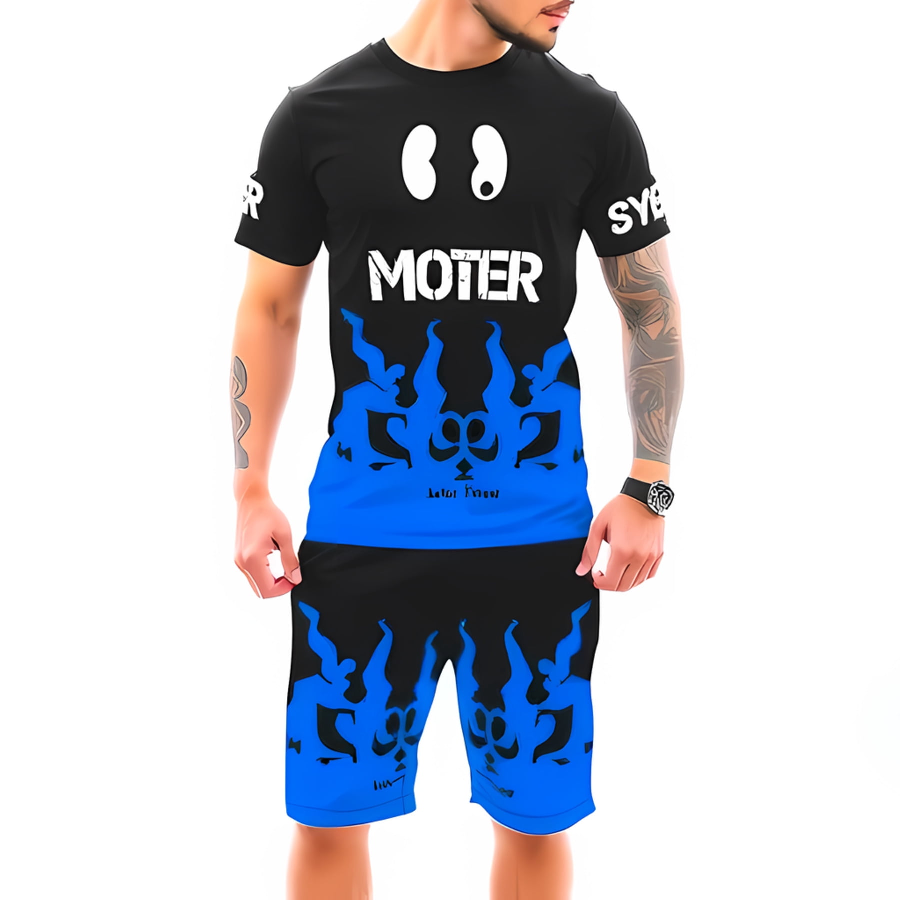 Bold Graphic Black T-Shirt & Shorts Set with Blue Flames 'MOTER' Print ...
