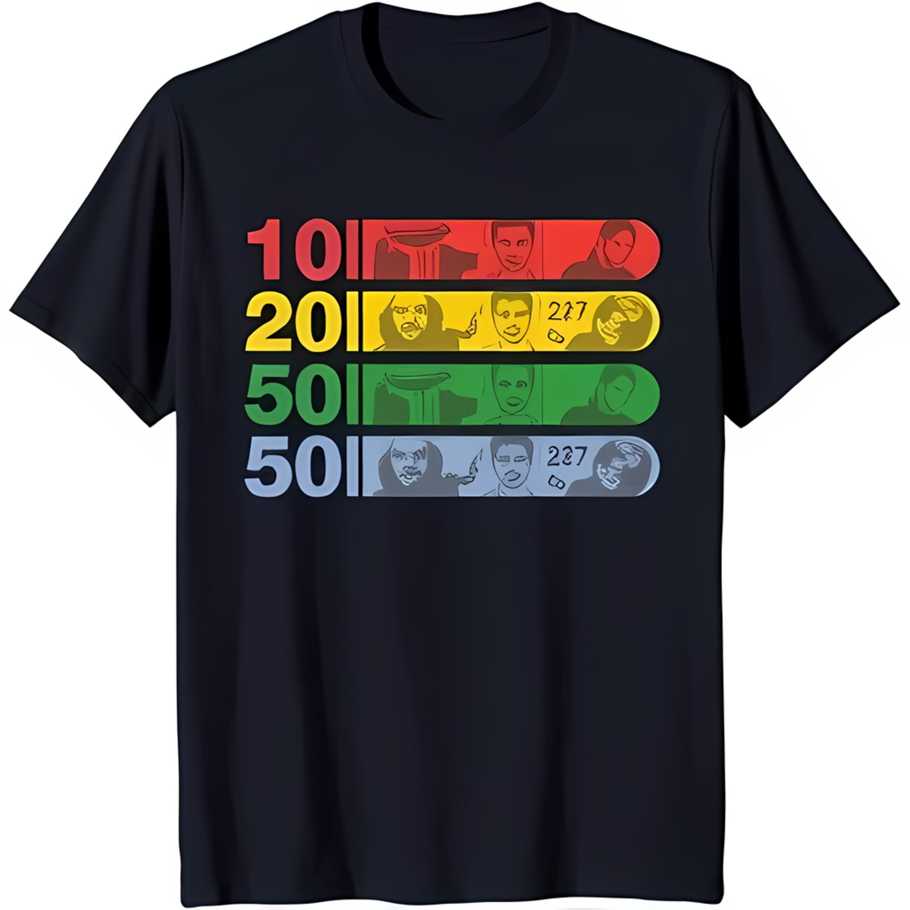 Bold Graphic Black T-Shirt with Colorful Number Sequence & Expressive ...