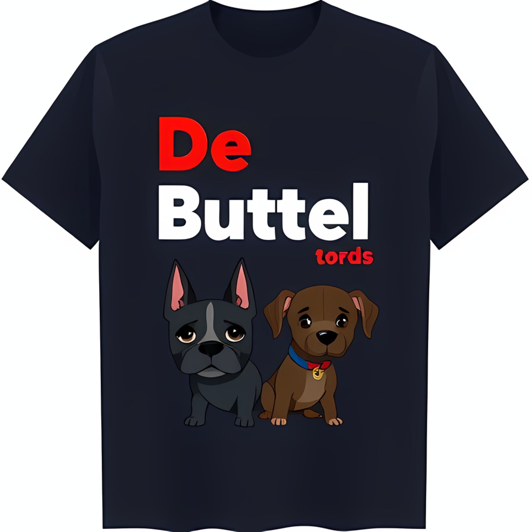 Bold Graphic Black T-Shirt with 'De Buttel tords' & Cartoon Dogs Design ...