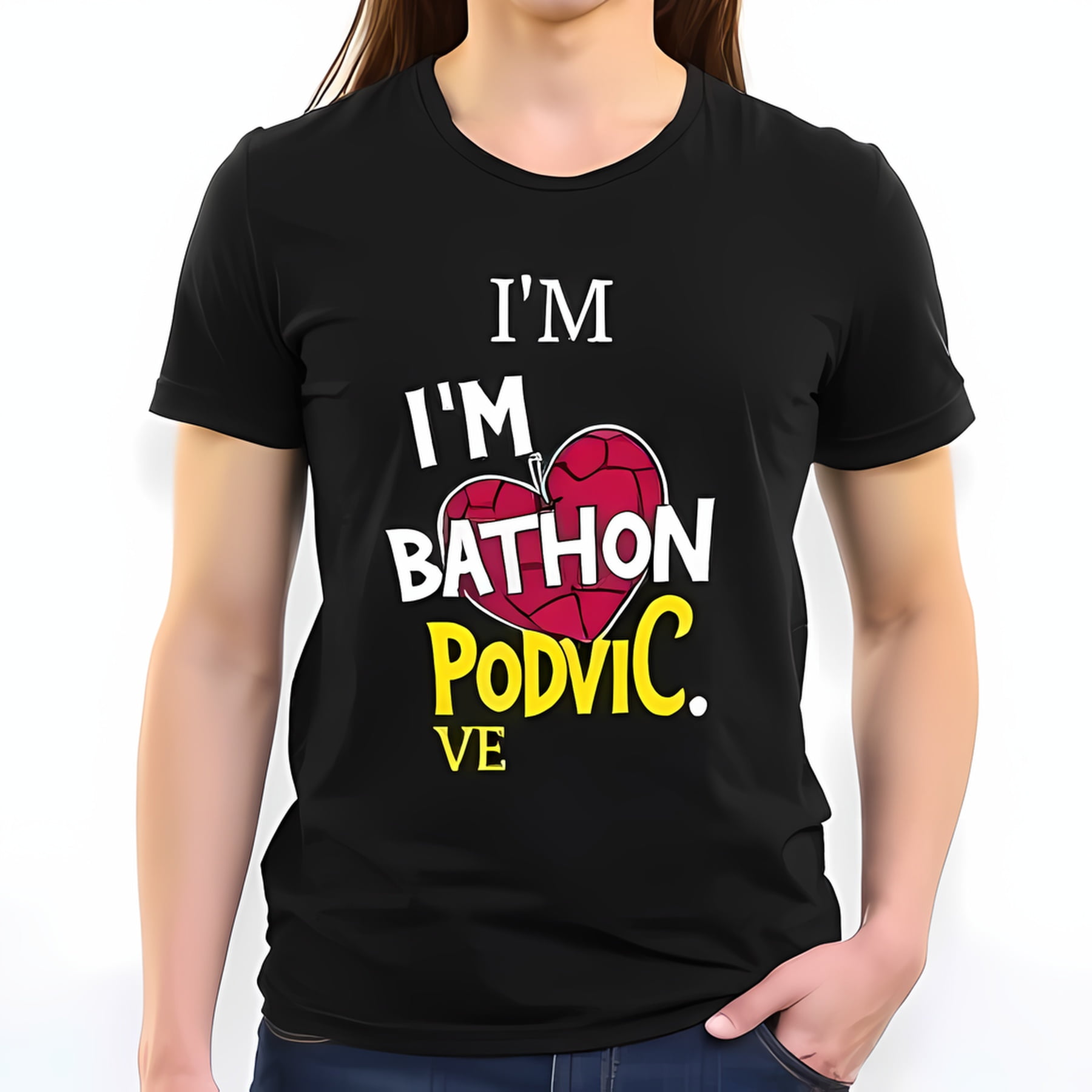 Bold Graphic Black T-Shirt with "I'M I'M BATHON PODVIC VE" Text & Heart ...