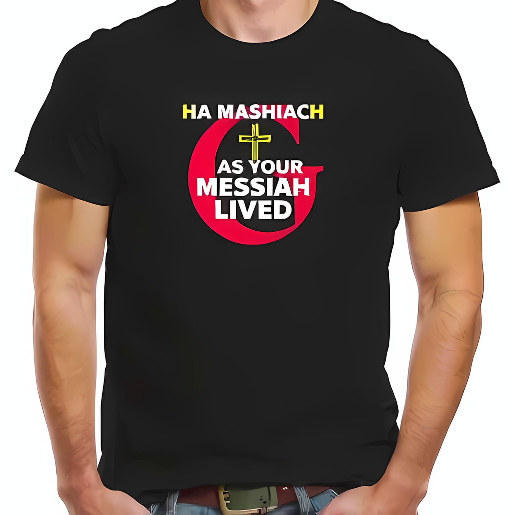 Bold Graphic Black T-Shirt with Red 'G' and Gold Cross - 'HA MASHIAH AS ...