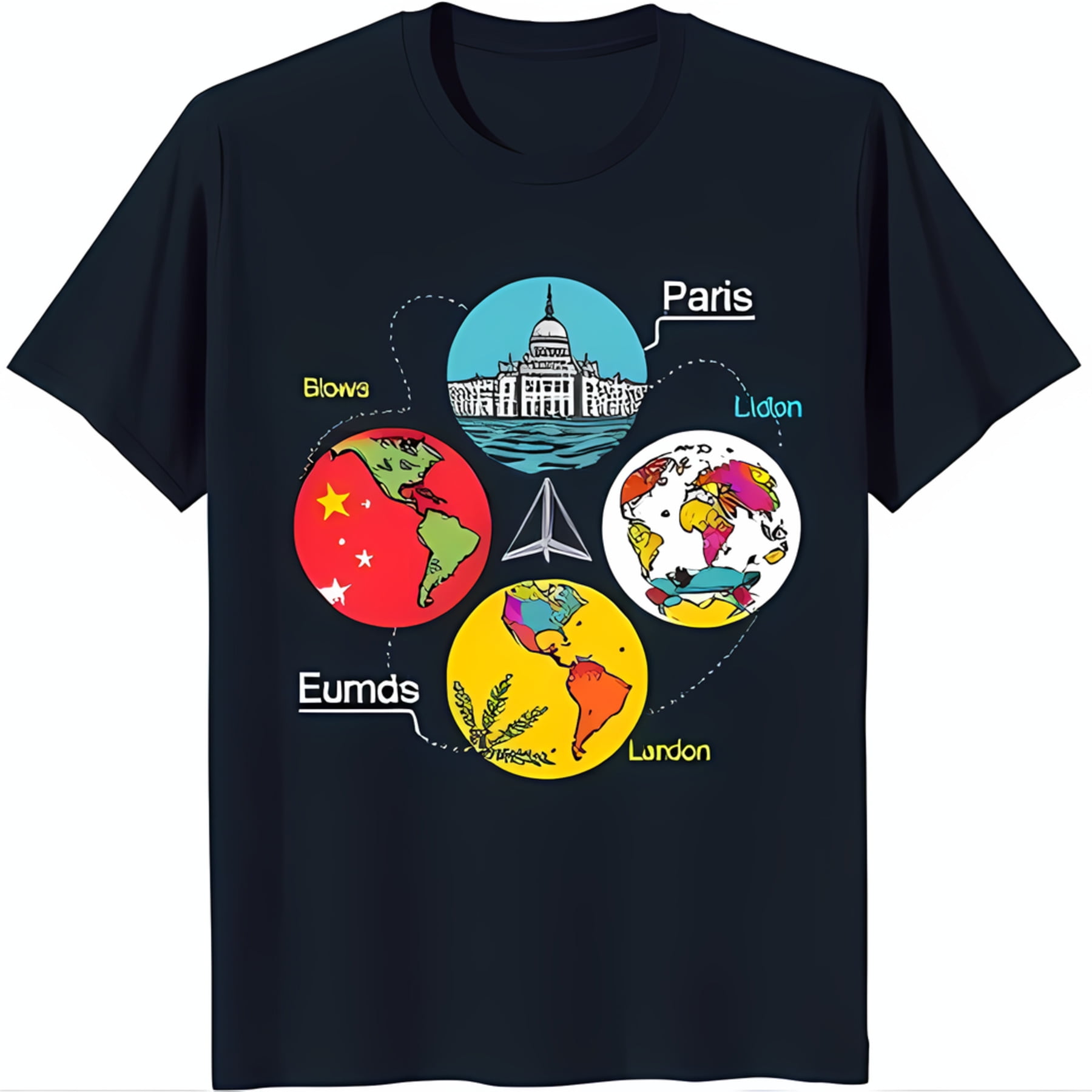 Bold Graphic Blue T-Shirt with Colorful World Maps & Journey Lines ...