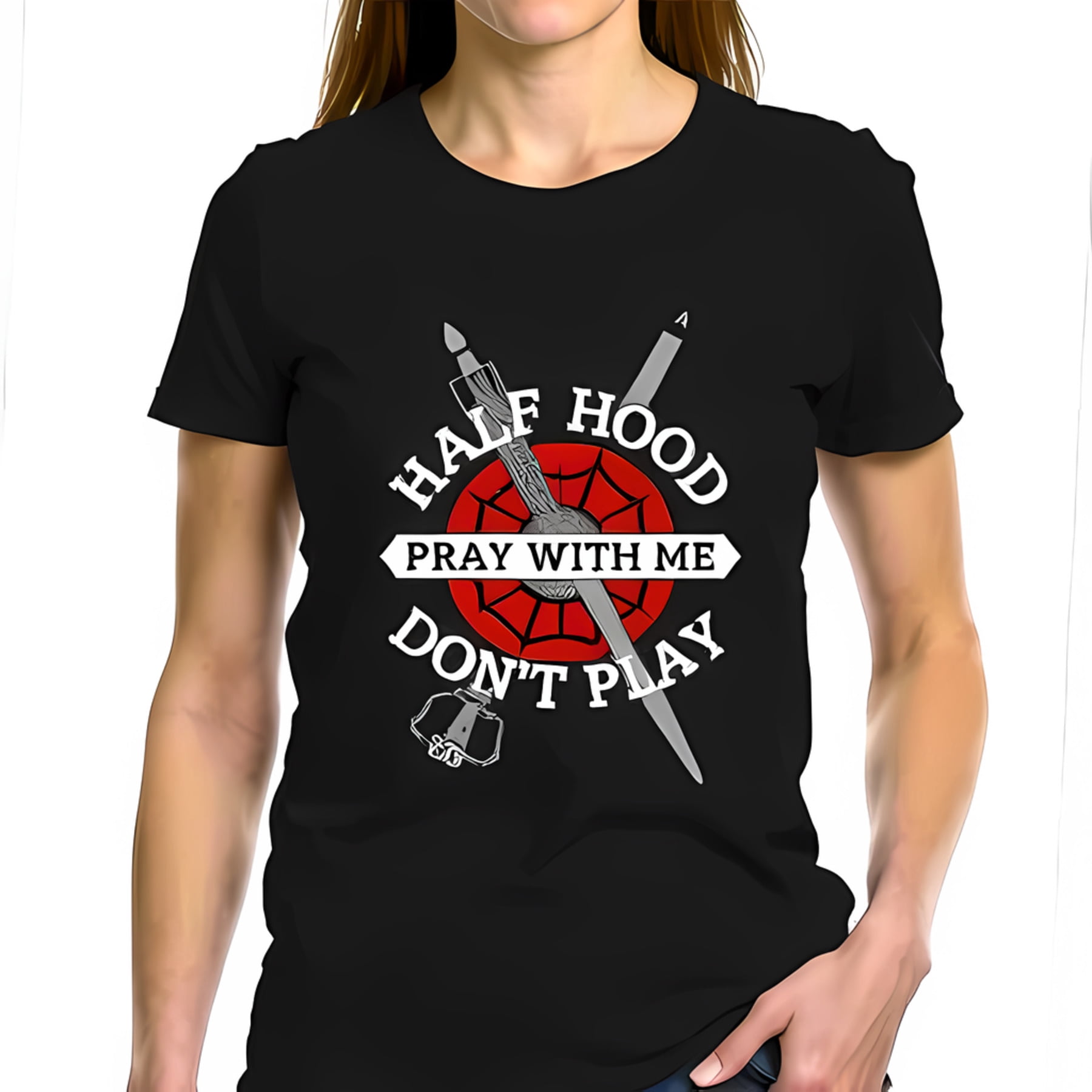 Bold Graphic Cotton Short Sleeve T-Shirt - " HALF HOOD PRAY WITH ME DON ...