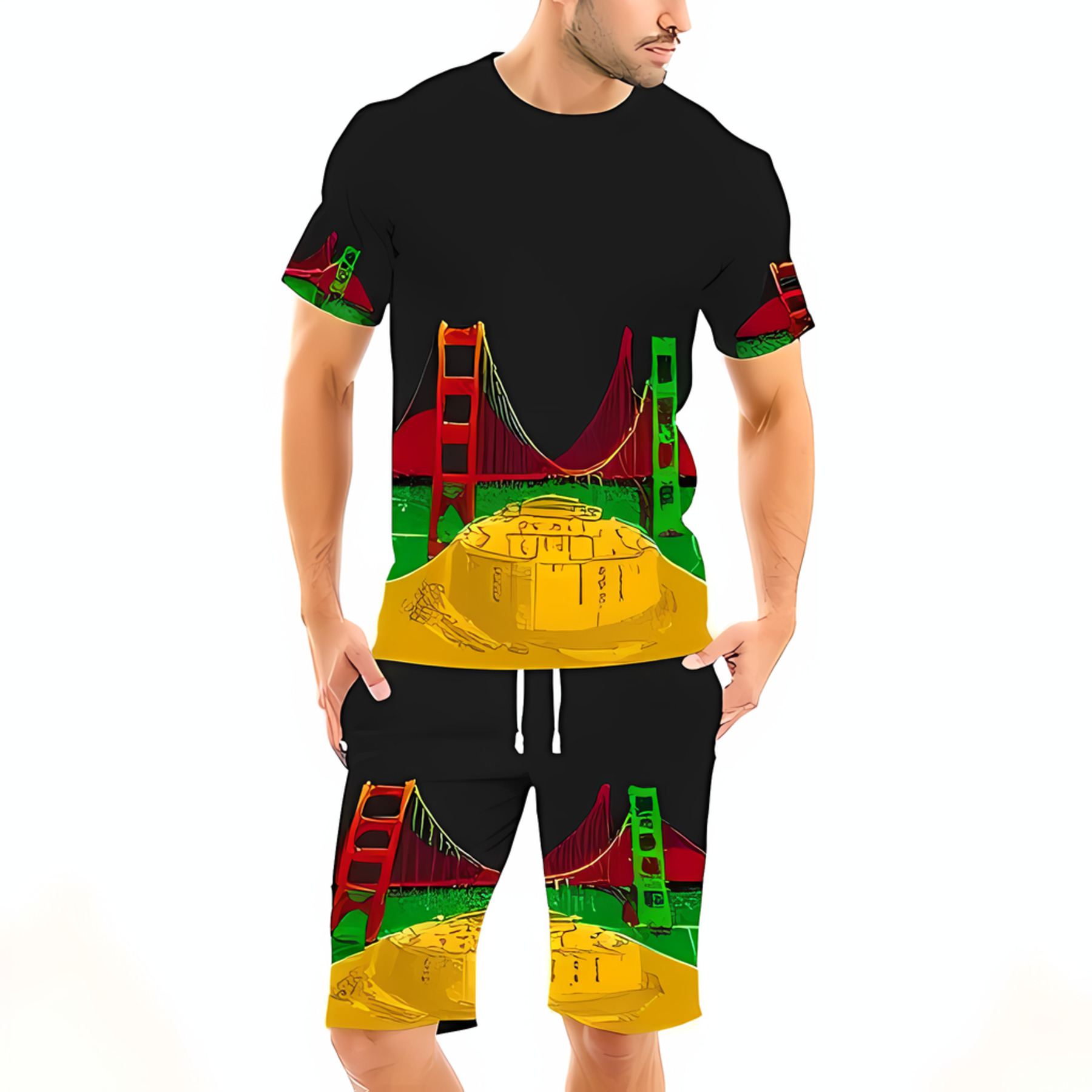 Bold Graphic Golden Gate Bridge T-Shirt & Shorts Set - Black with Red ...