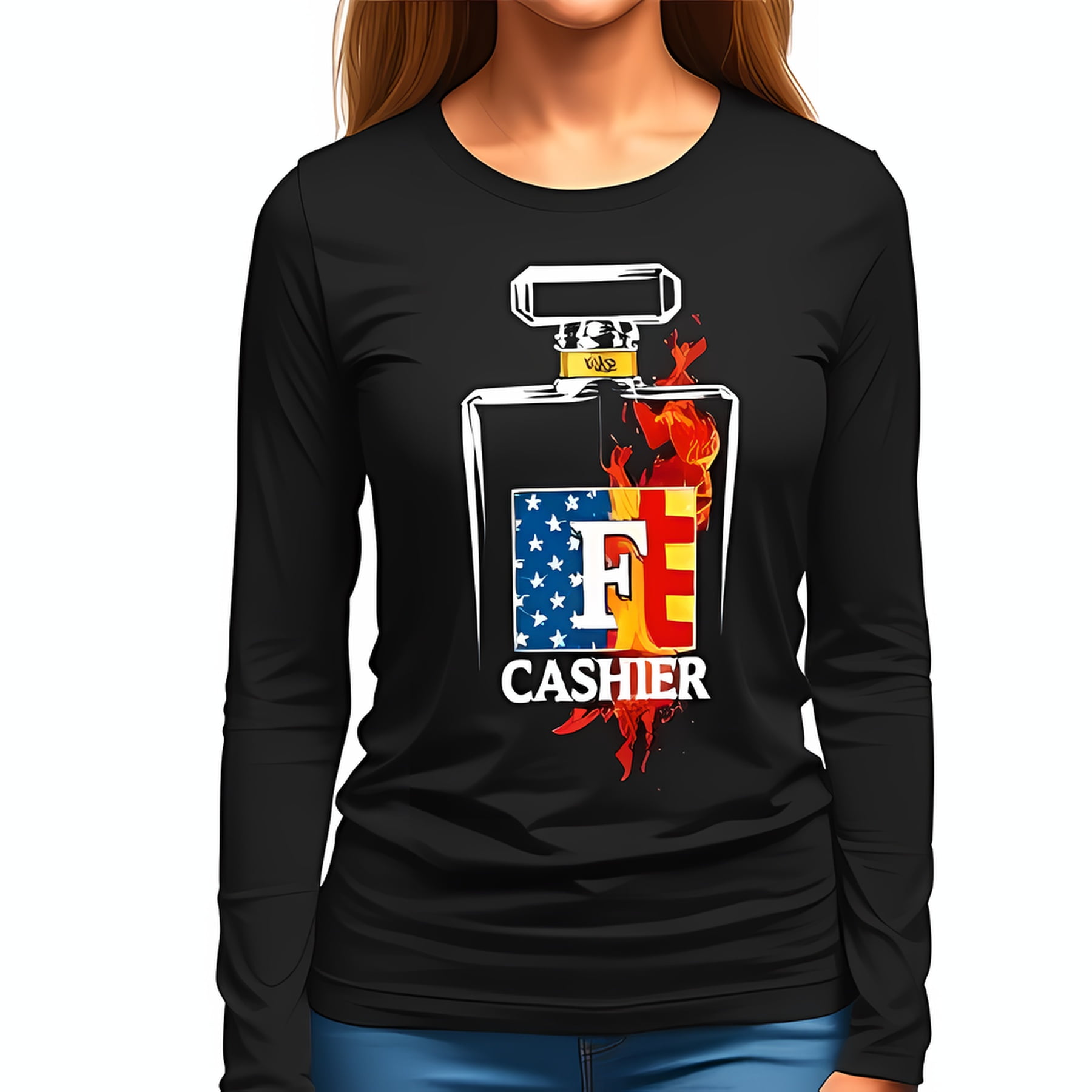 Bold Graphic Long Sleeve T-Shirt - Fiery Perfume Bottle 'CASHIER' Statement Tee - Walmart.com