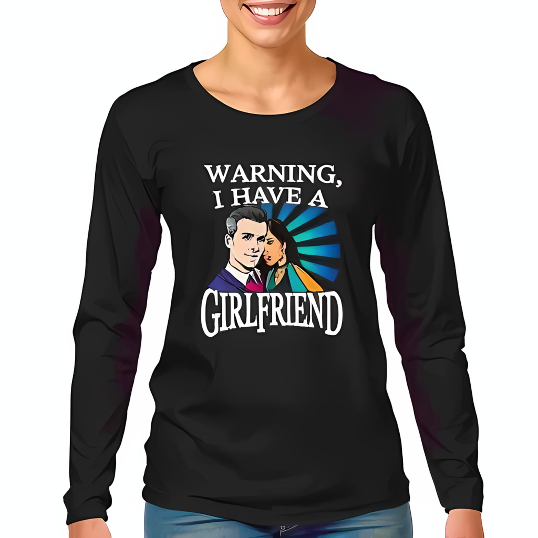 Bold Graphic Long Sleeve T-Shirt - " WARNING I HAVE A GIRLFRIEND " with ...