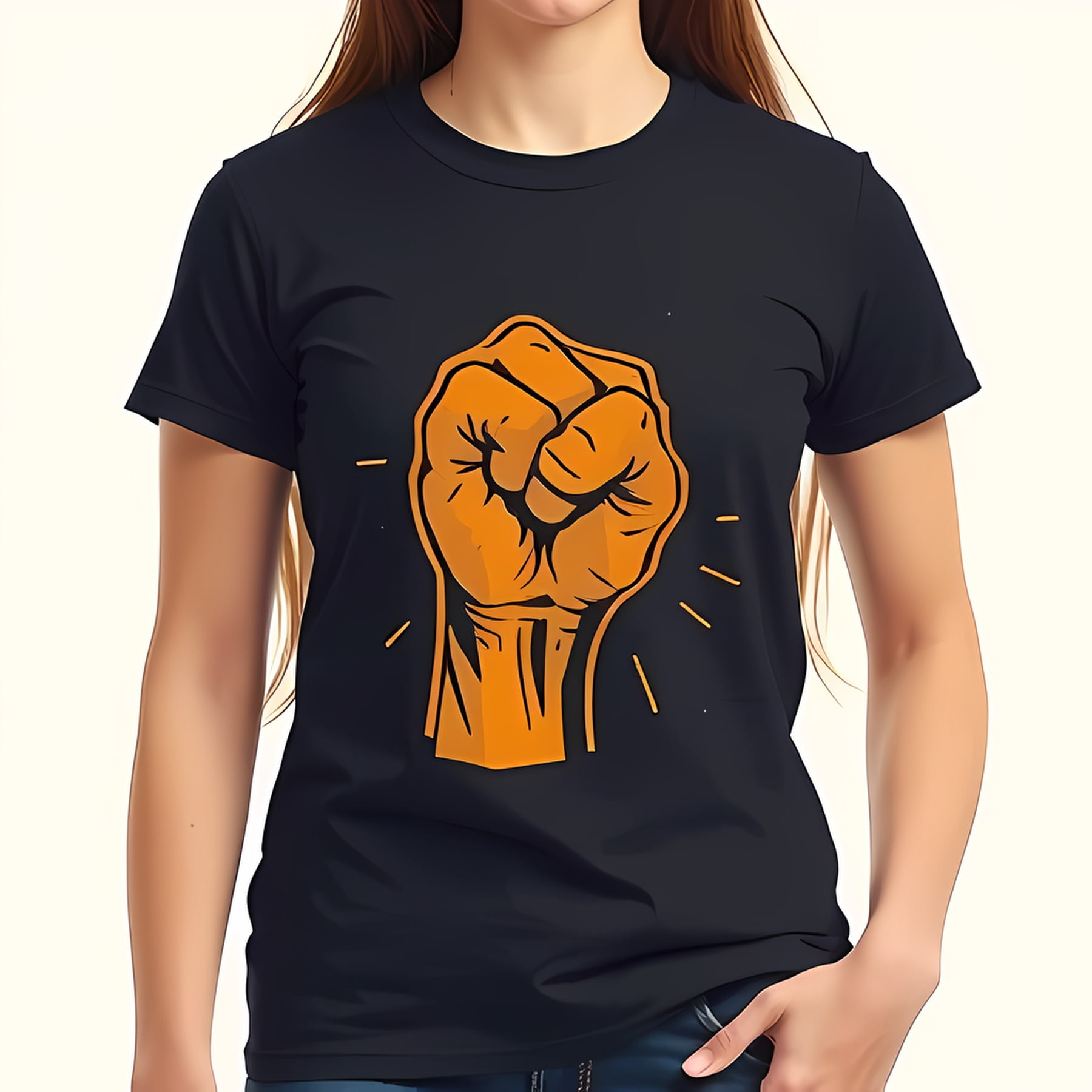 Bold Graphic Navy Blue T-Shirt with Orange Fist Design - Empowerment ...