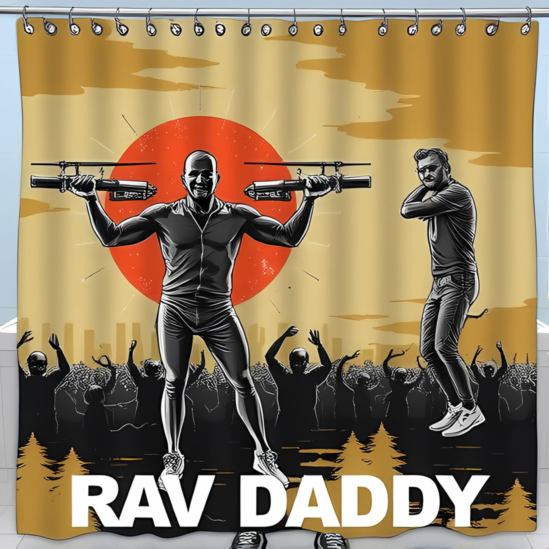 Bold Graphic Shower Curtain with Muscular Man Lifting Futuristic ...