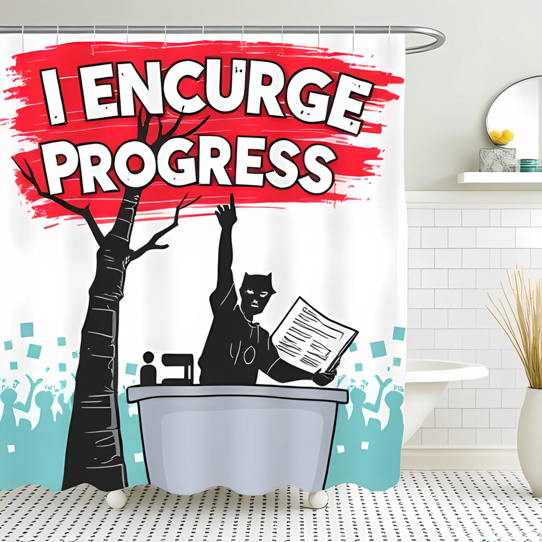 Bold Graphic Shower Curtain with Red 'I ENCOURAGE PROGRESS' Banner ...