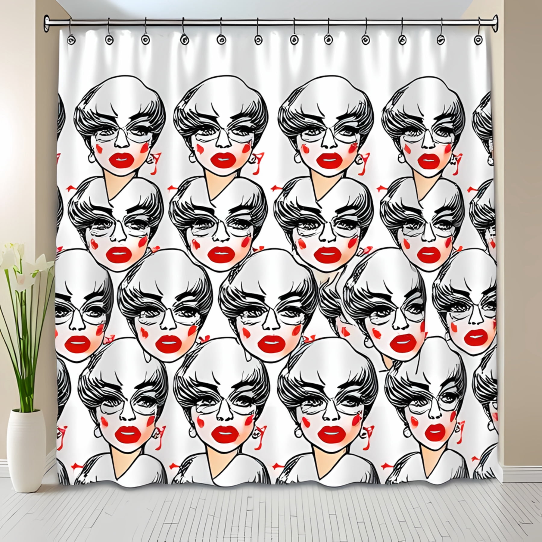Bold Graphic Shower Curtain with Stylized Female Faces in Black & White ...