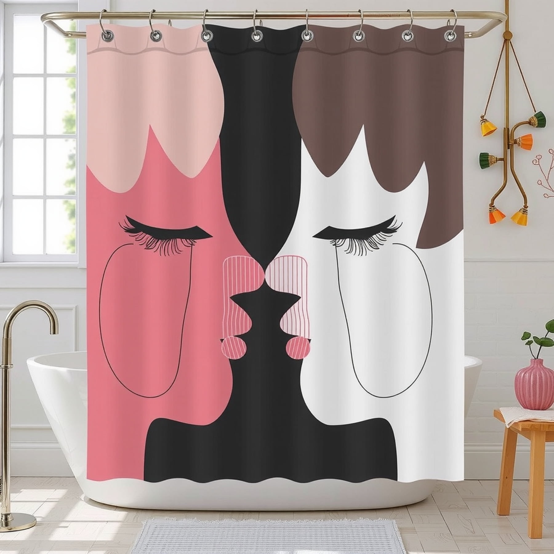 Bold Graphic Shower Curtain with Stylized Kissing Female Faces - Pink ...