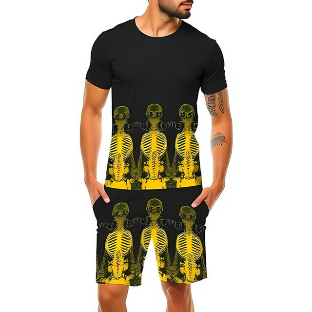 Bold Graphic Skeleton Print T-Shirt and Shorts Set - Black with Golden ...