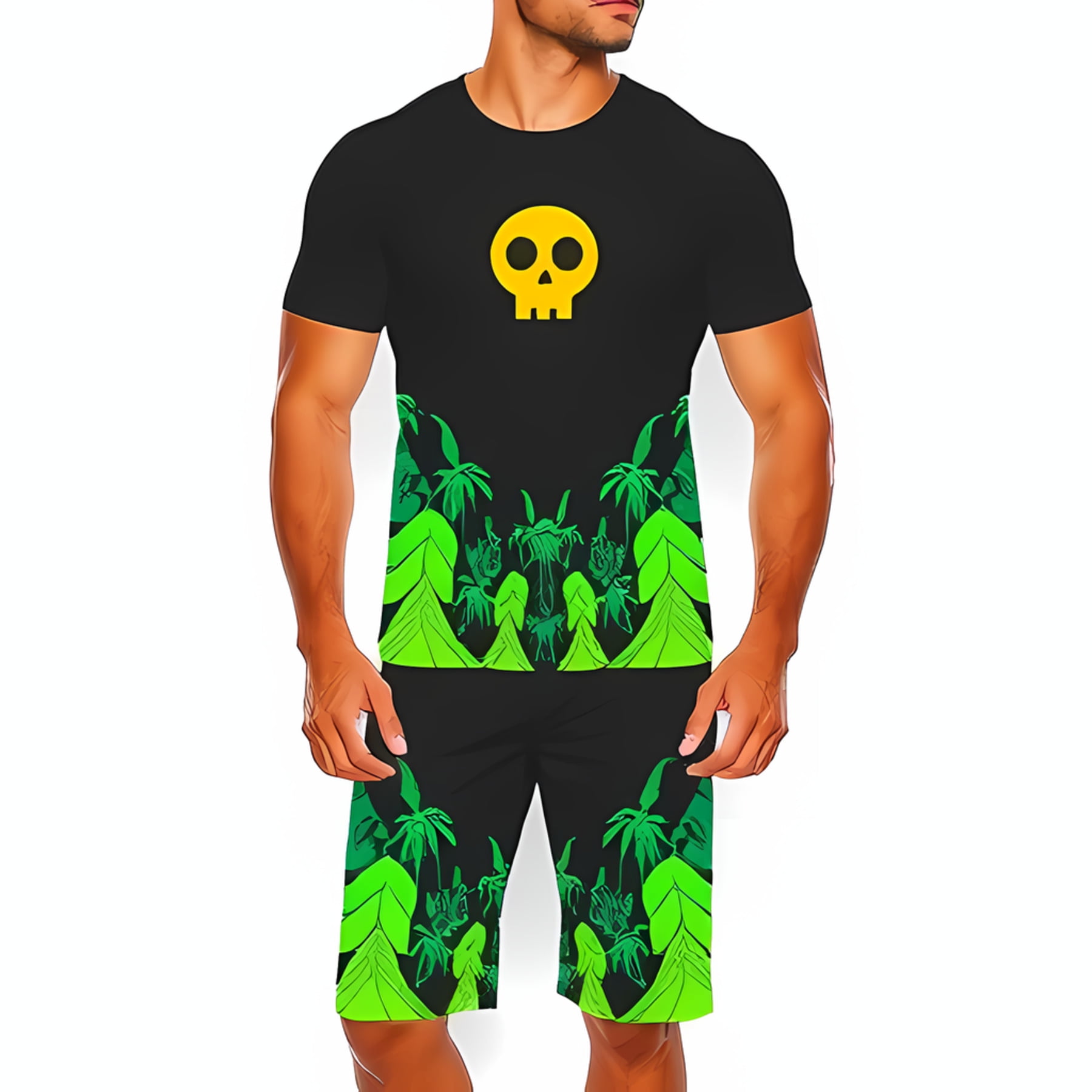 Bold Graphic T-Shirt & Matching Shorts Set with Green Tropical Tree ...