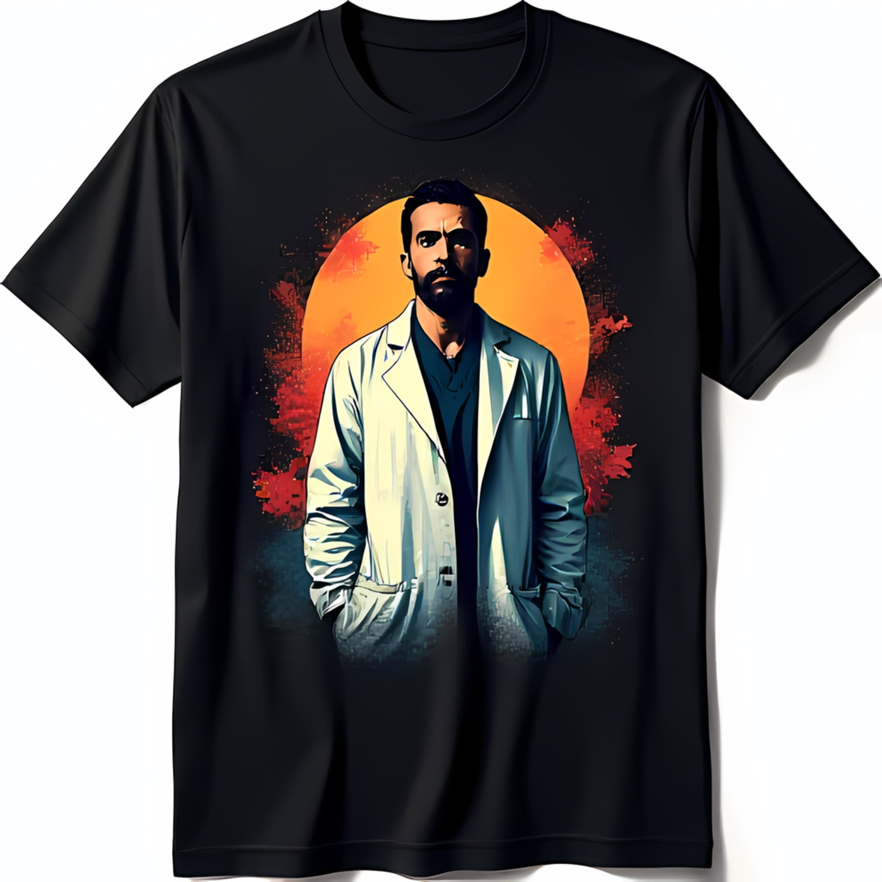 Bold Graphic T-Shirt: Mysterious Scientist in Lab Coat Against Vibrant ...