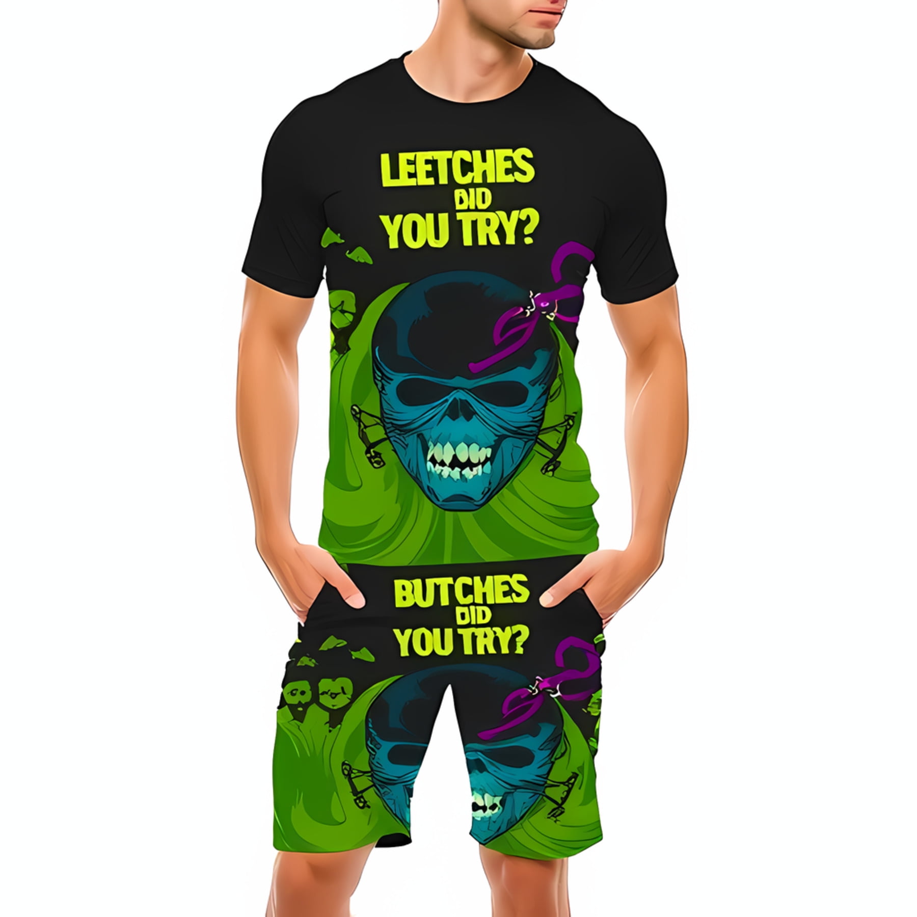 Bold Graphic T-Shirt & Shorts Set - Black with Green Swirl Design ...