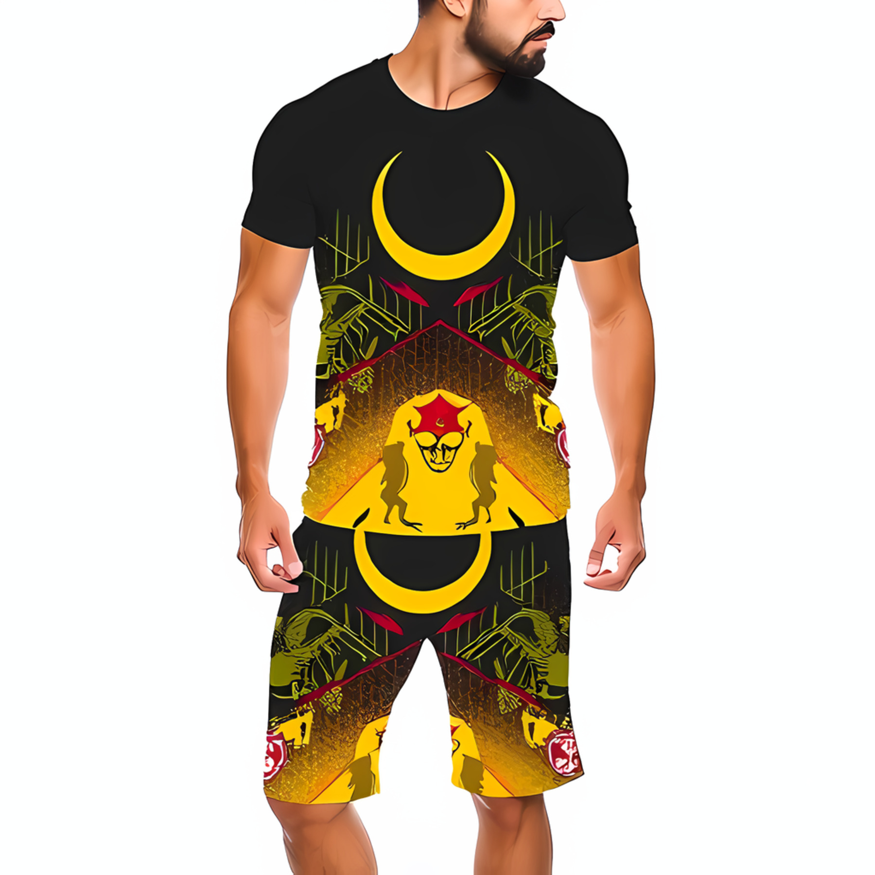 Bold Graphic T-Shirt and Shorts Set - Vibrant Yellow Red Gold Design on ...