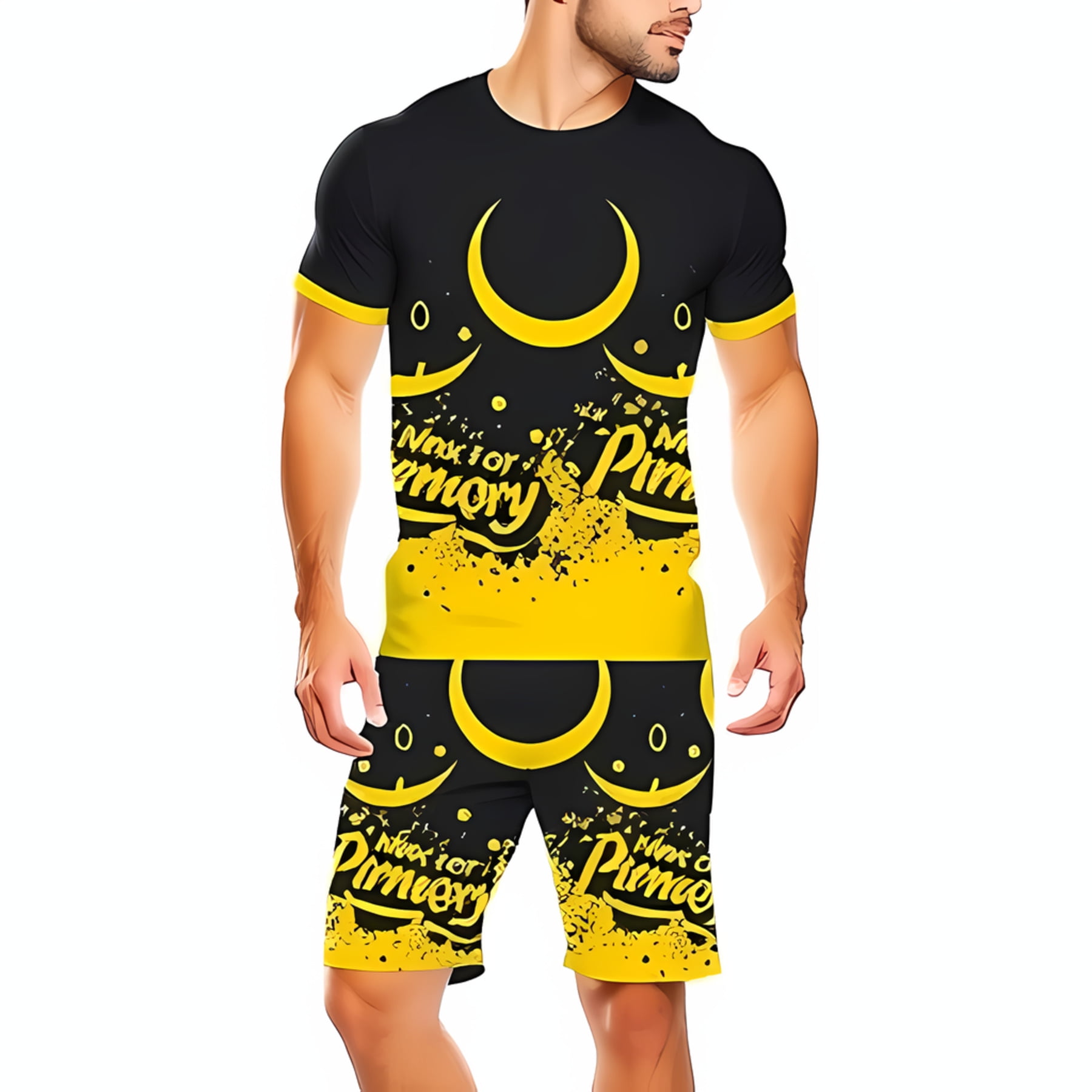 Bold Graphic T-Shirt and Shorts Set for Men - Black with Yellow ...
