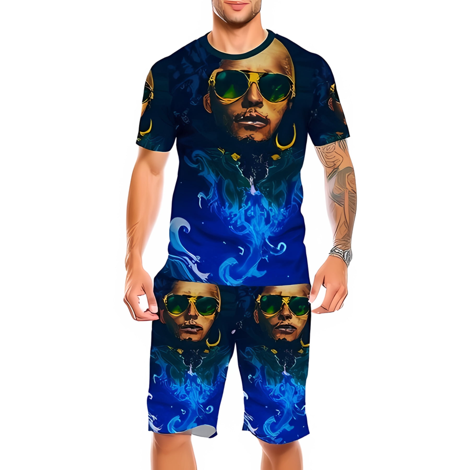 Bold Graphic T-Shirt and Shorts Set with Electric Blue Flame Patterns ...