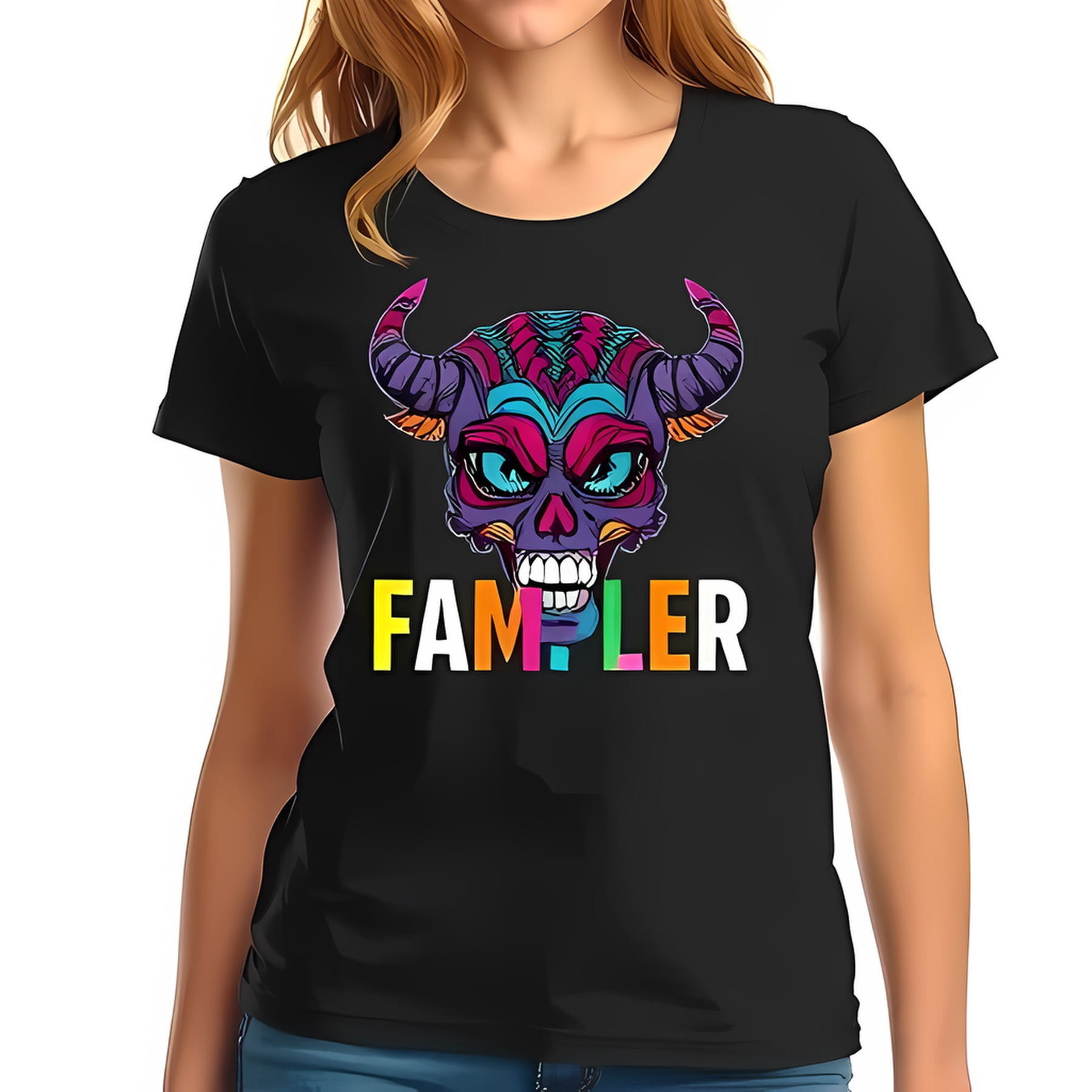 Bold Graphic T-Shirt with Horns - Vibrant Colors & 'FAMPPLER' Design ...