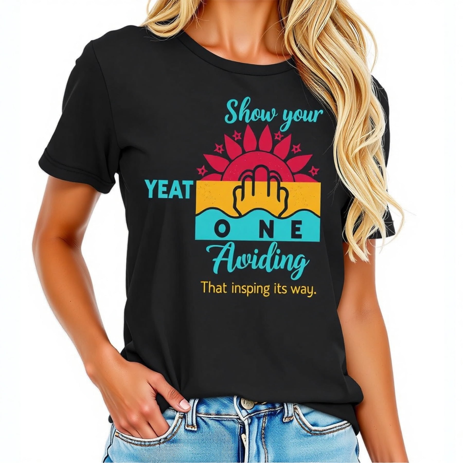 Bold Graphic T-Shirt with Stylized Sun & Middle Finger "YEAT ONE ...