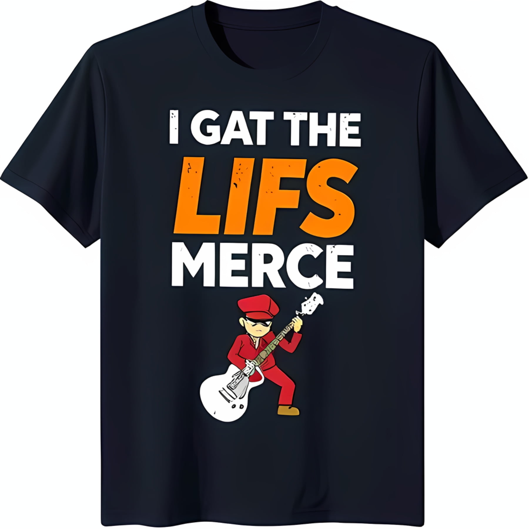 Bold Graphic Tee: Text & Cartoon Guitarist Design on Black T-Shirt ...