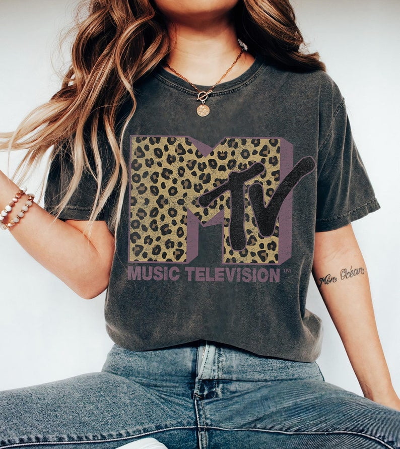 Bold Graphic Tee with Leopard Print Inspired by 80s and 90s MTV Logo ...