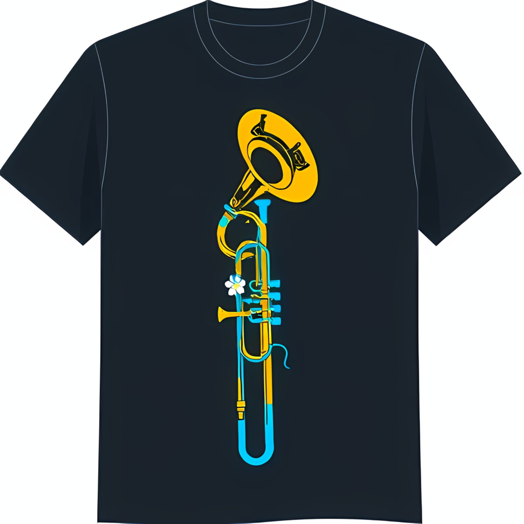 Bold Graphic Trumpet Design Black T-Shirt Yellow & Blue Accents ...
