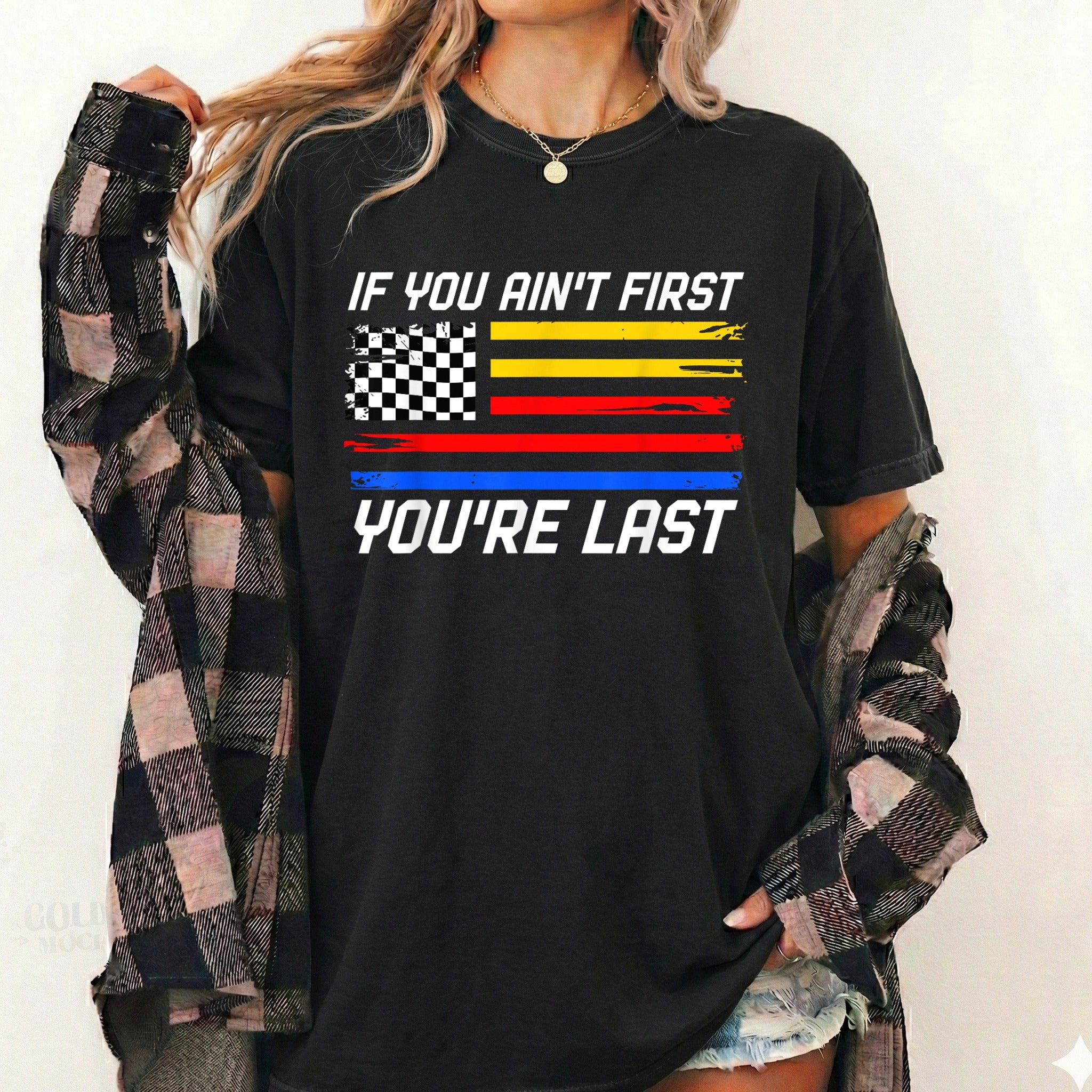 Bold Graphic US Flag Car Racing T-Shirt Comfort Colors for Enthusiasts ...