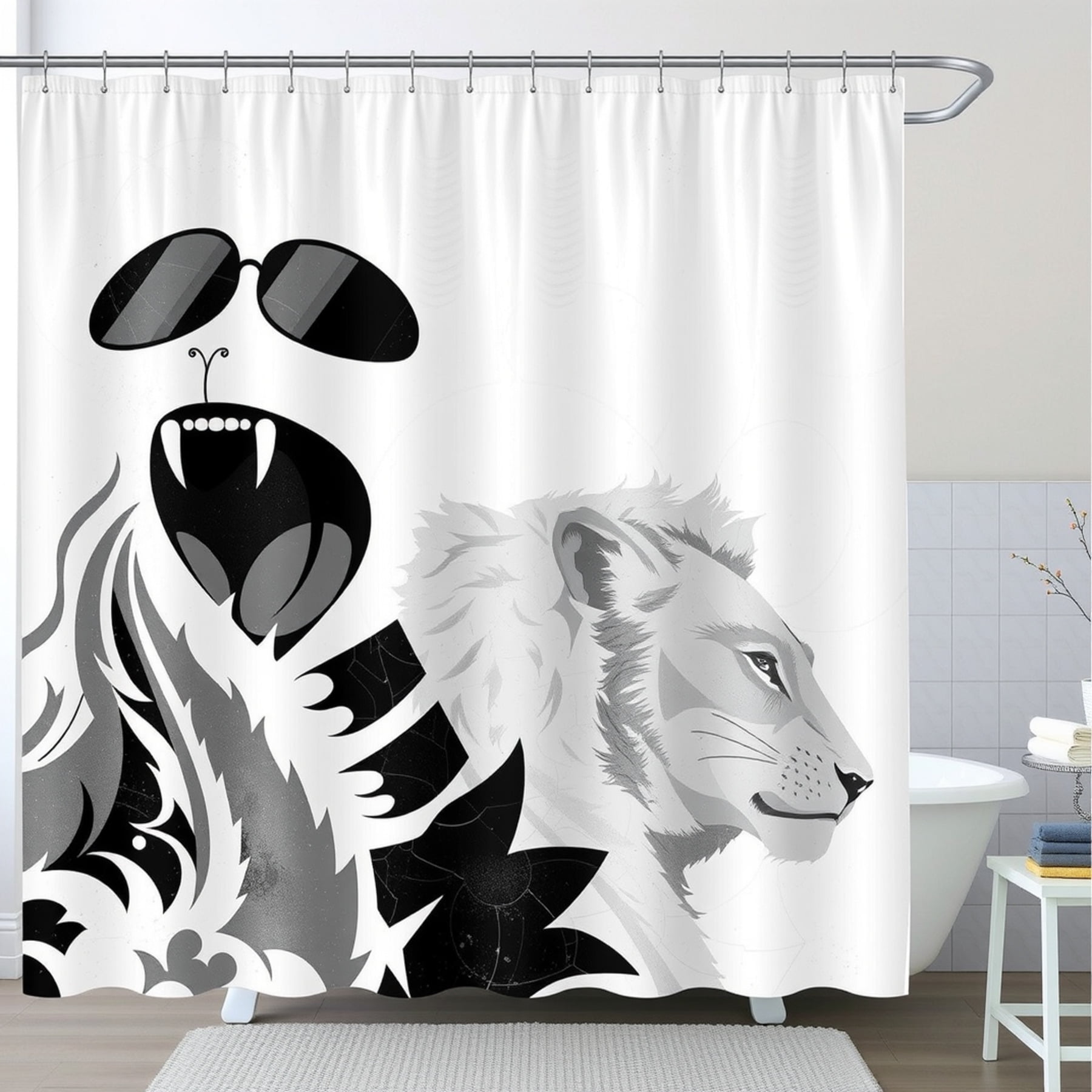 Bold Grayscale Shower Curtain with Roaring Animal Heads & Floral Design ...