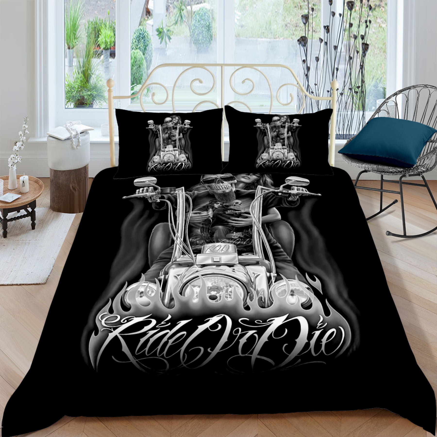 Bold Grayscale Skeleton & Motorcycle Bedding Set "Ride or Die" Design ...
