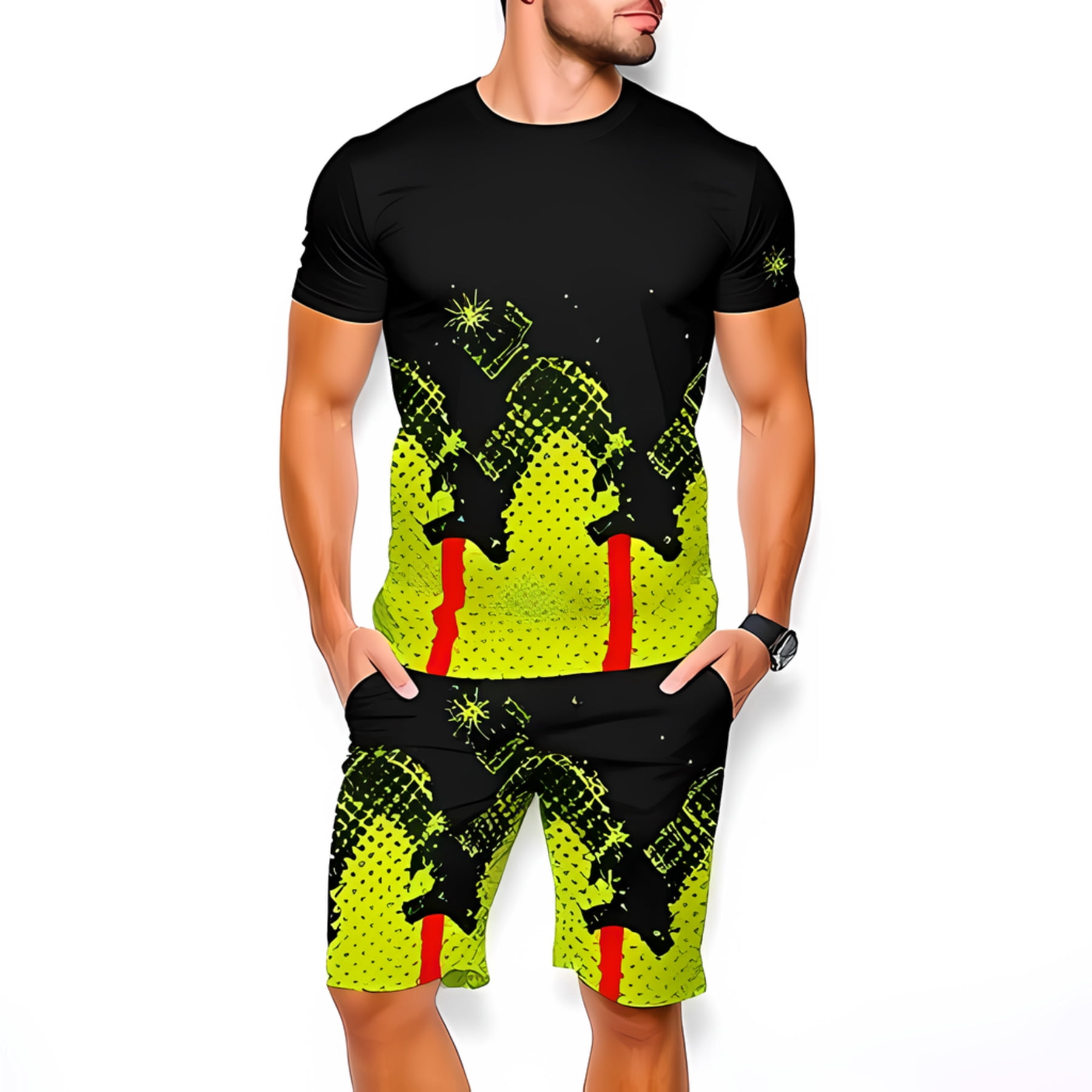 Bold Green Athletic T-Shirt & Shorts Set with Abstract Black ...